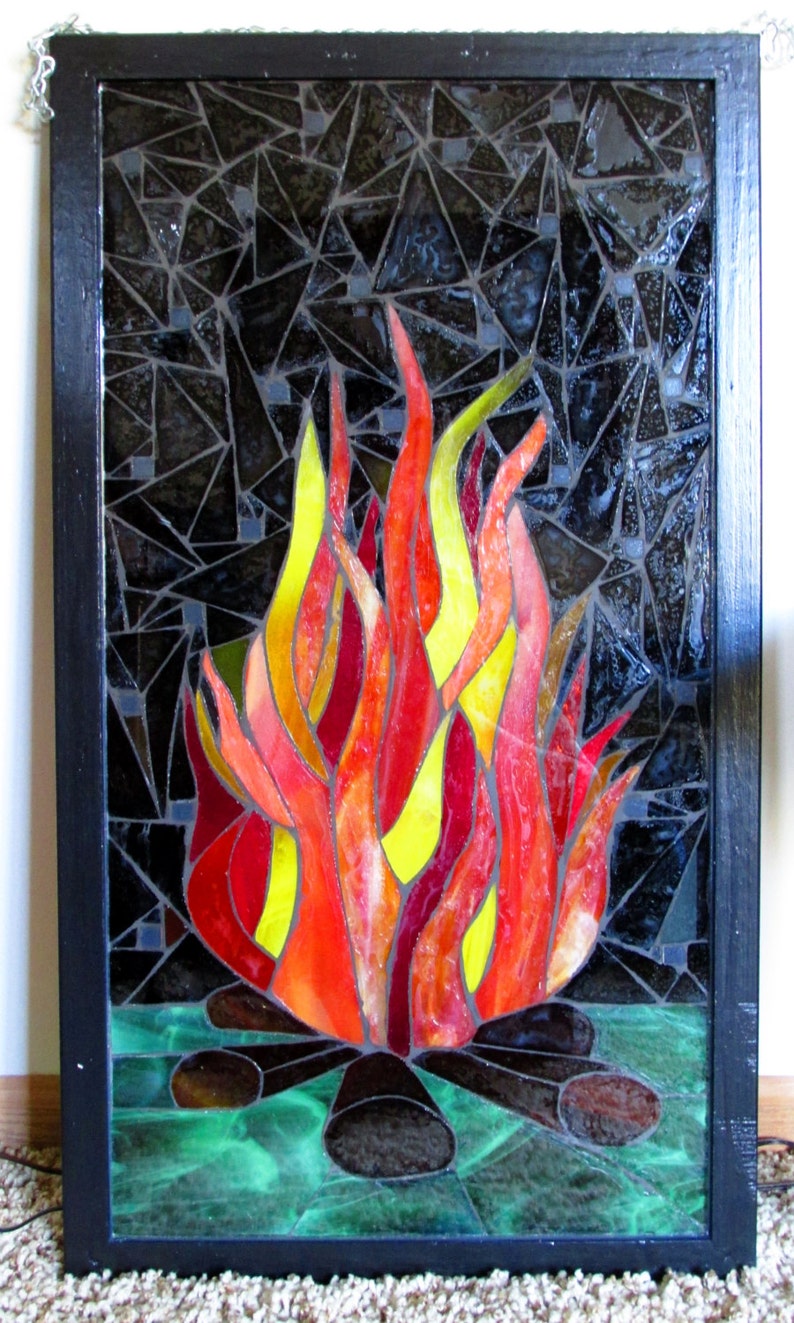 Campfire Stained Glass Mosaic Flames Red Orange Yellow Black Background ...