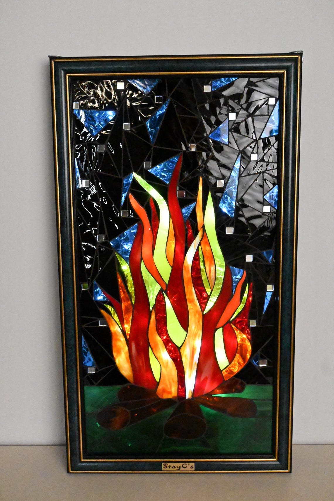 Campfire Stained Glass Mosaic Flames Red Orange Yellow Black Background ...
