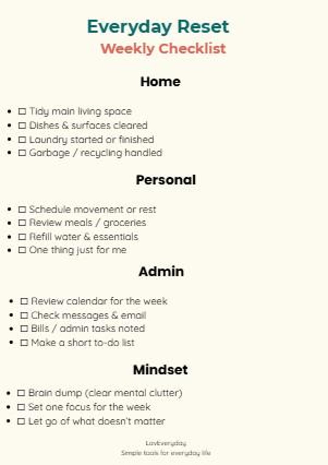 Everyday Reset Checklist | Weekly & Monthly Life Reset PDF - Etsy