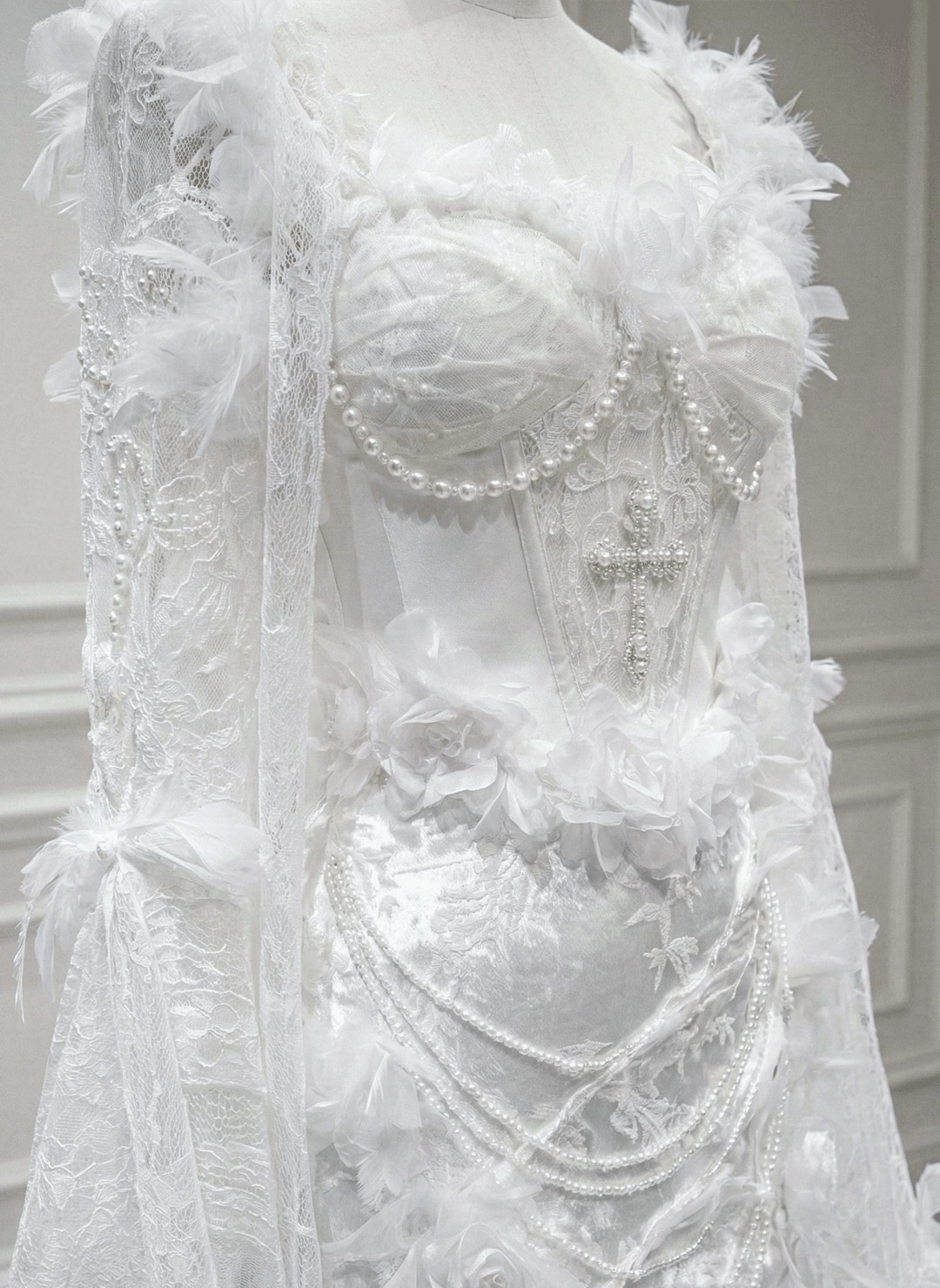White Gothic Lace Wedding Dress, Feather Corset Gown, Angelic Victorian ...