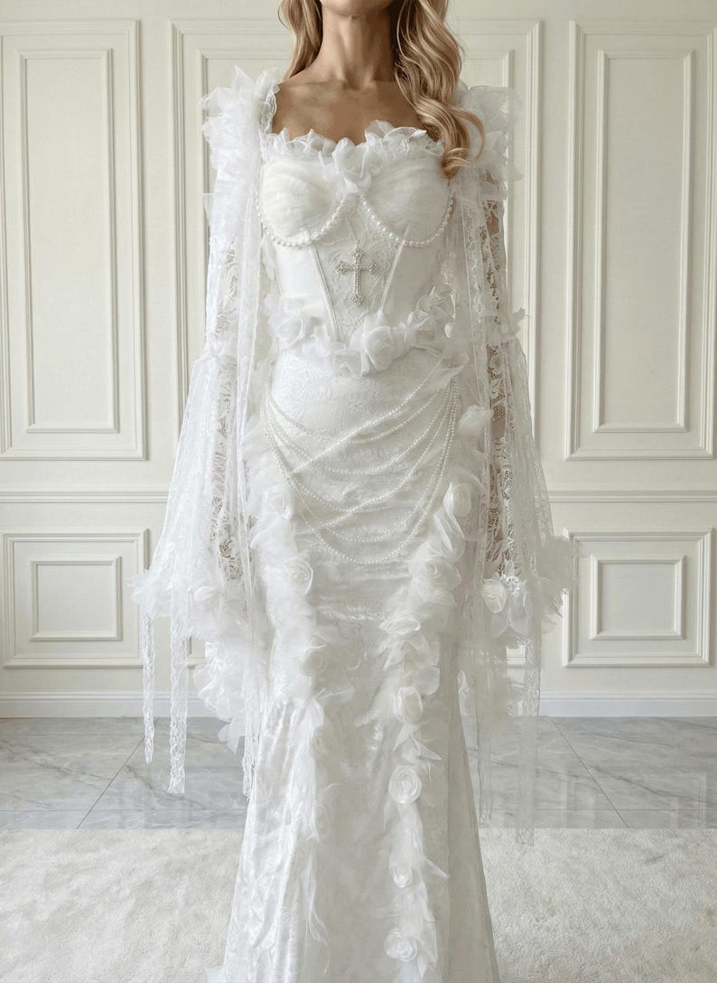 White Gothic Lace Wedding Dress, Feather Corset Gown, Angelic Victorian Robe, Pearl Cross Bridal ...