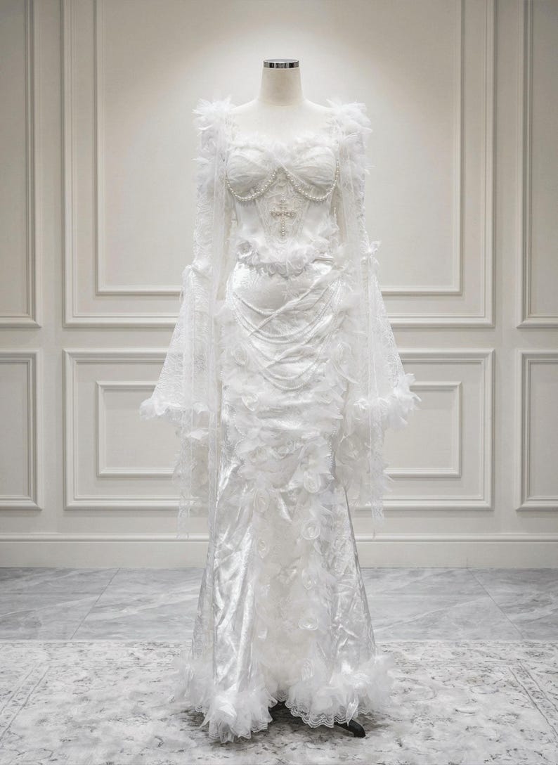 White Gothic Lace Wedding Dress, Feather Corset Gown, Angelic Victorian Robe, Pearl Cross Bridal ...