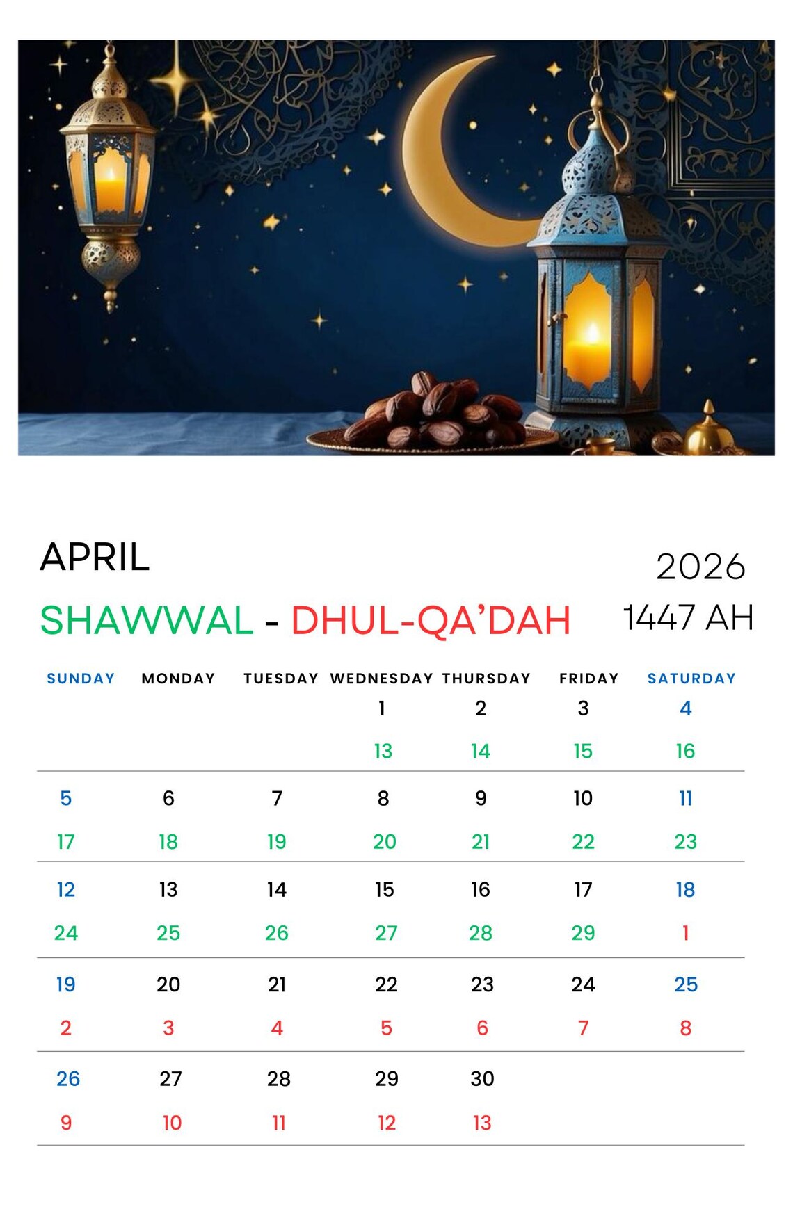2026 12 Page Ramadan Themed Hijri and Gregorian Calendar - Etsy