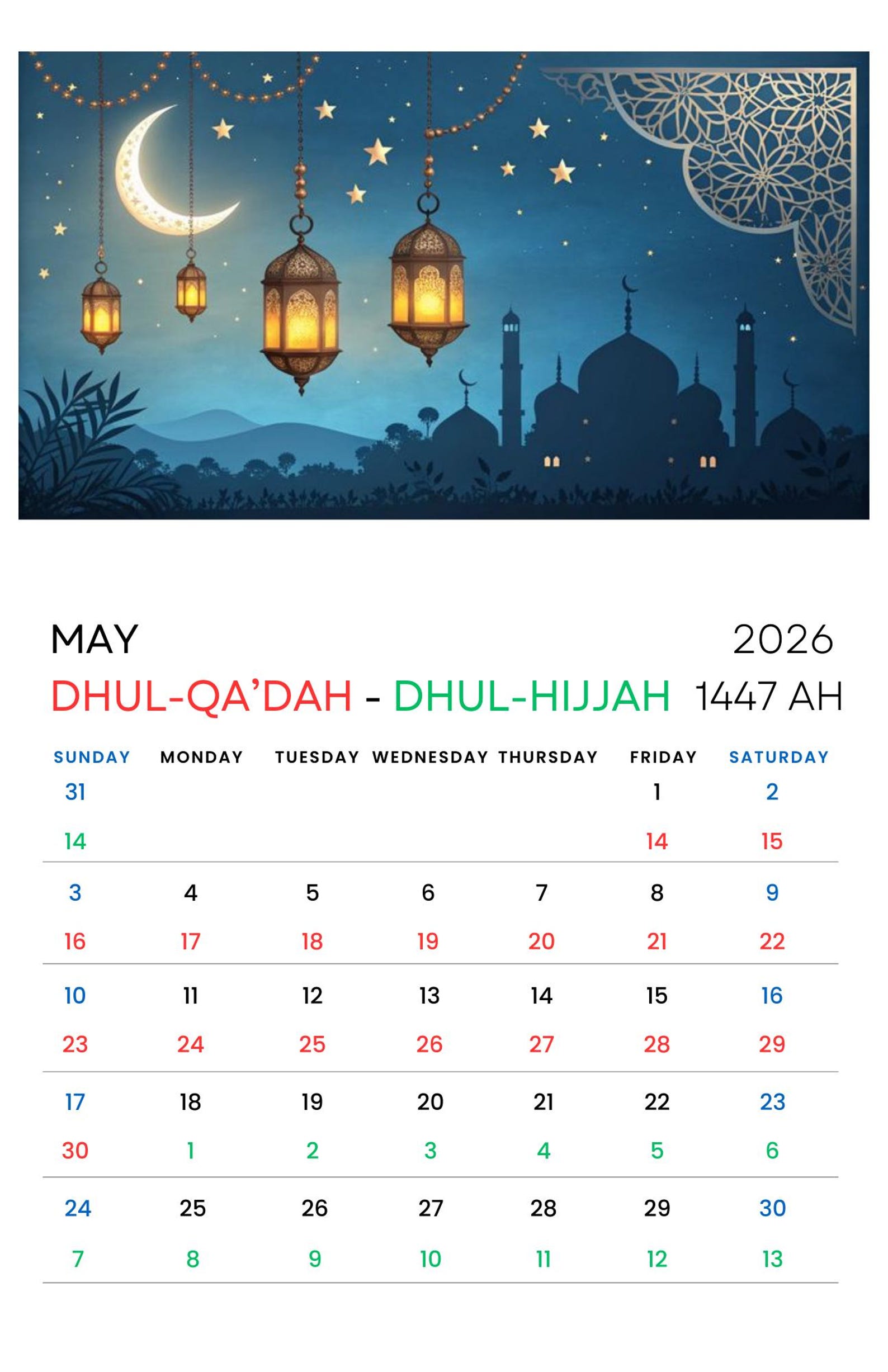 2026 12 Page Ramadan Themed Hijri and Gregorian Calendar - Etsy
