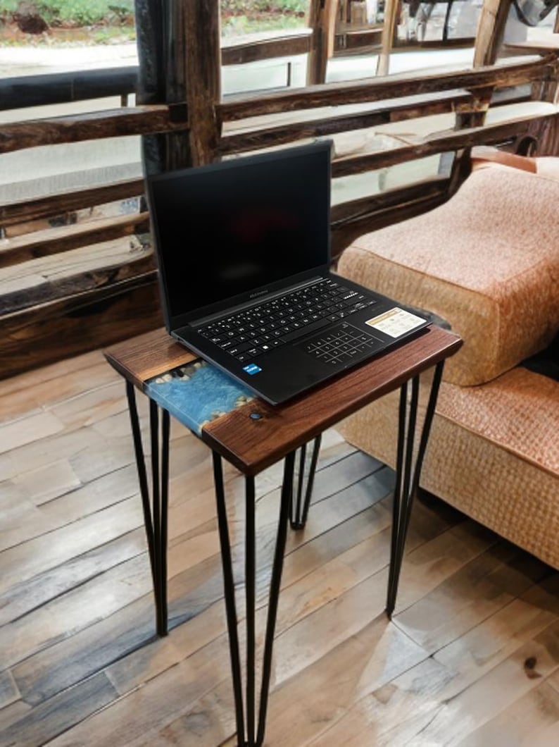 Handmade Walnut Laptop Table With Blue Epoxy Resin – Live Edge Accent ...