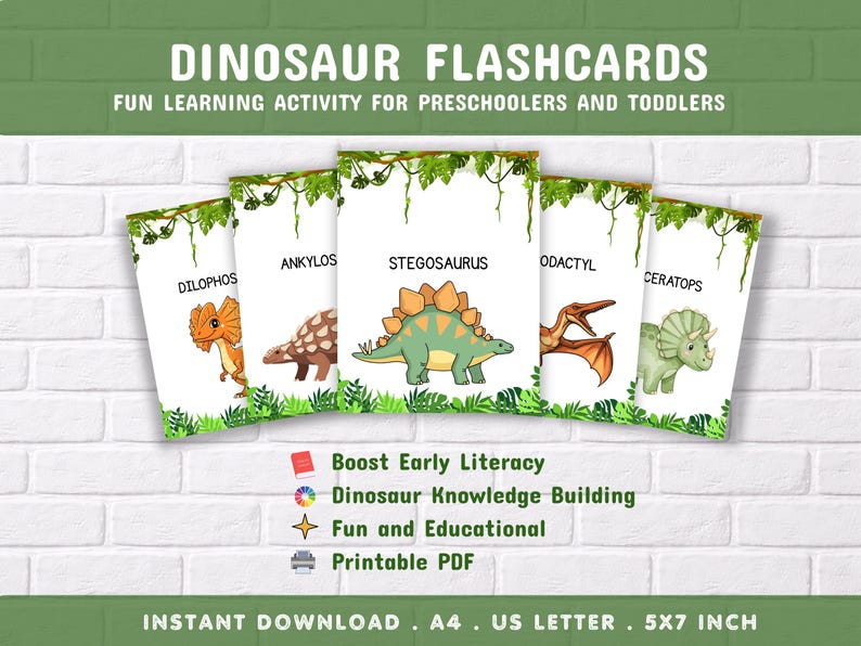 20 Dinosaur Flashcards for Kids – Printable Montessori Dino Cards ...