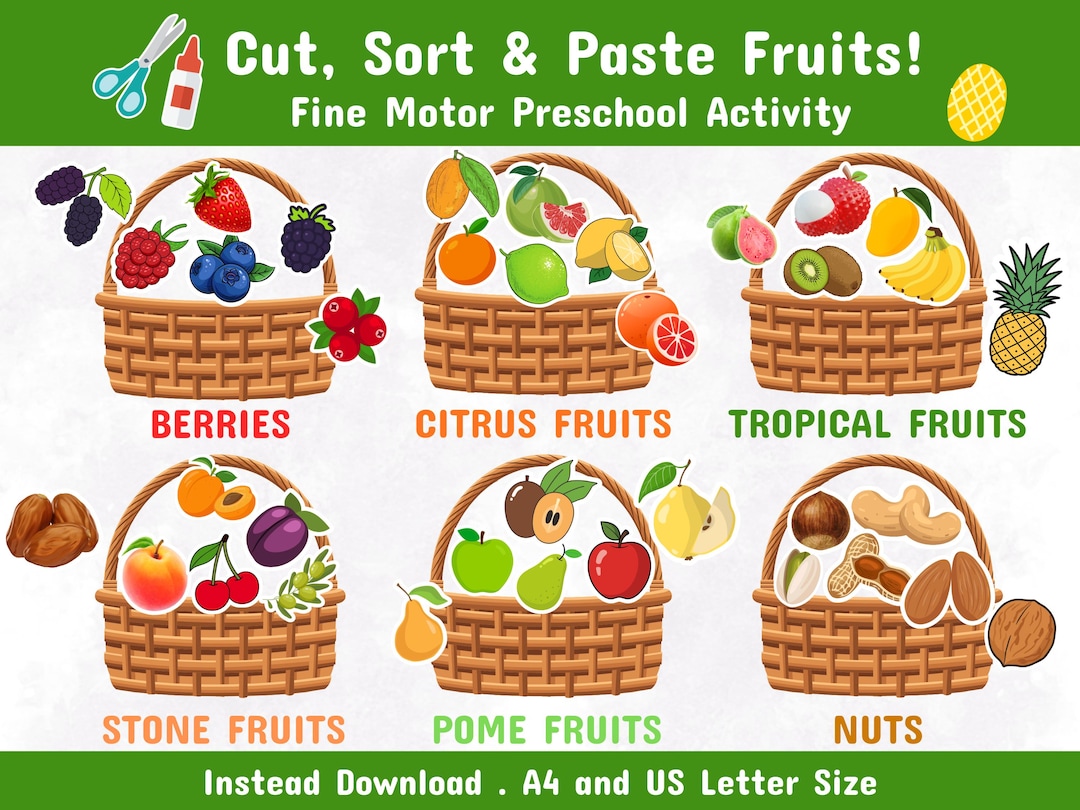 Fruit Sorting Cut and Paste Activity for Preschool Fine Motor Skills ...