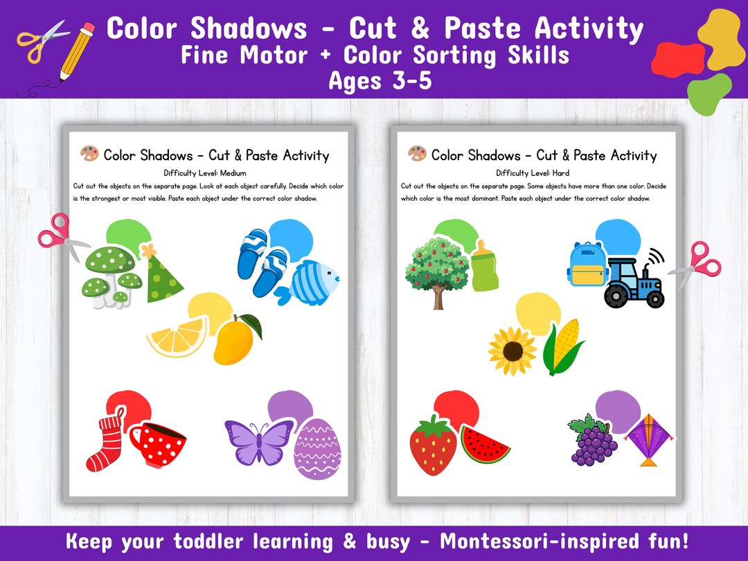 Color Sorting Activity for Toddlers Cut & Paste Color Shadows Printable ...