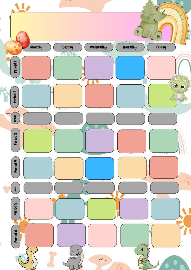 Dinosaur School Timetable Printable Blank Dino Schedule Teacher Student ...