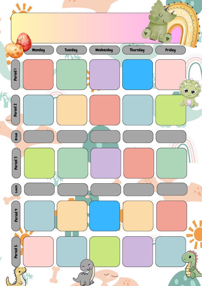 Dinosaur School Timetable Printable Blank Dino Schedule Teacher Student ...