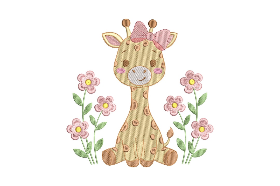 Giraffe Embroidery Design, Floral Safari Animal Pink Bow Machine ...