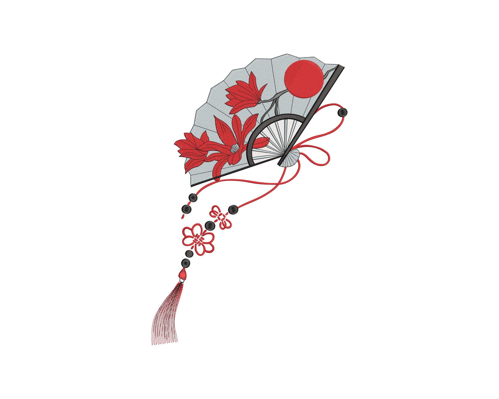 Japanese Fan Embroidery Design | Red Spider Lily Pattern | Higanbana ...
