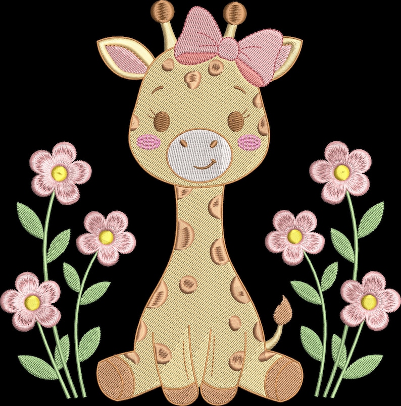 Giraffe Embroidery Design, Floral Safari Animal Pink Bow Machine ...