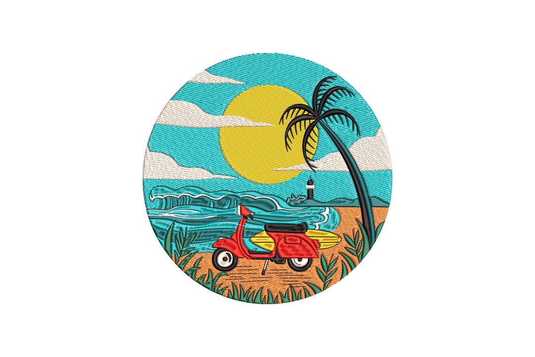 Scooter Surfboard Embroidery Design, Tropical Beach & Ocean Scene ...