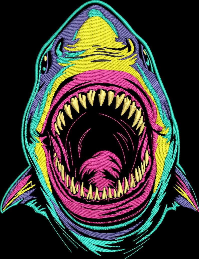 Neon Shark Machine Embroidery Design, Retro 80s Colorful Shark Head ...