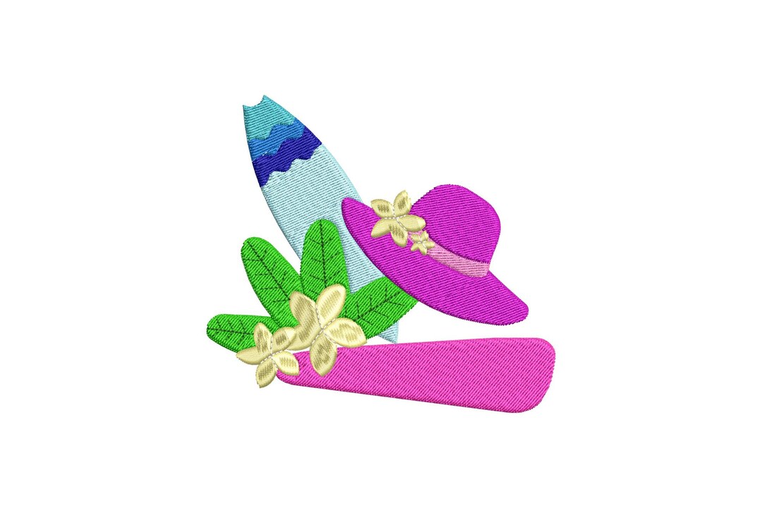 Surfboard Sun Hat Embroidery Design, Tropical Beach Scene Machine File ...