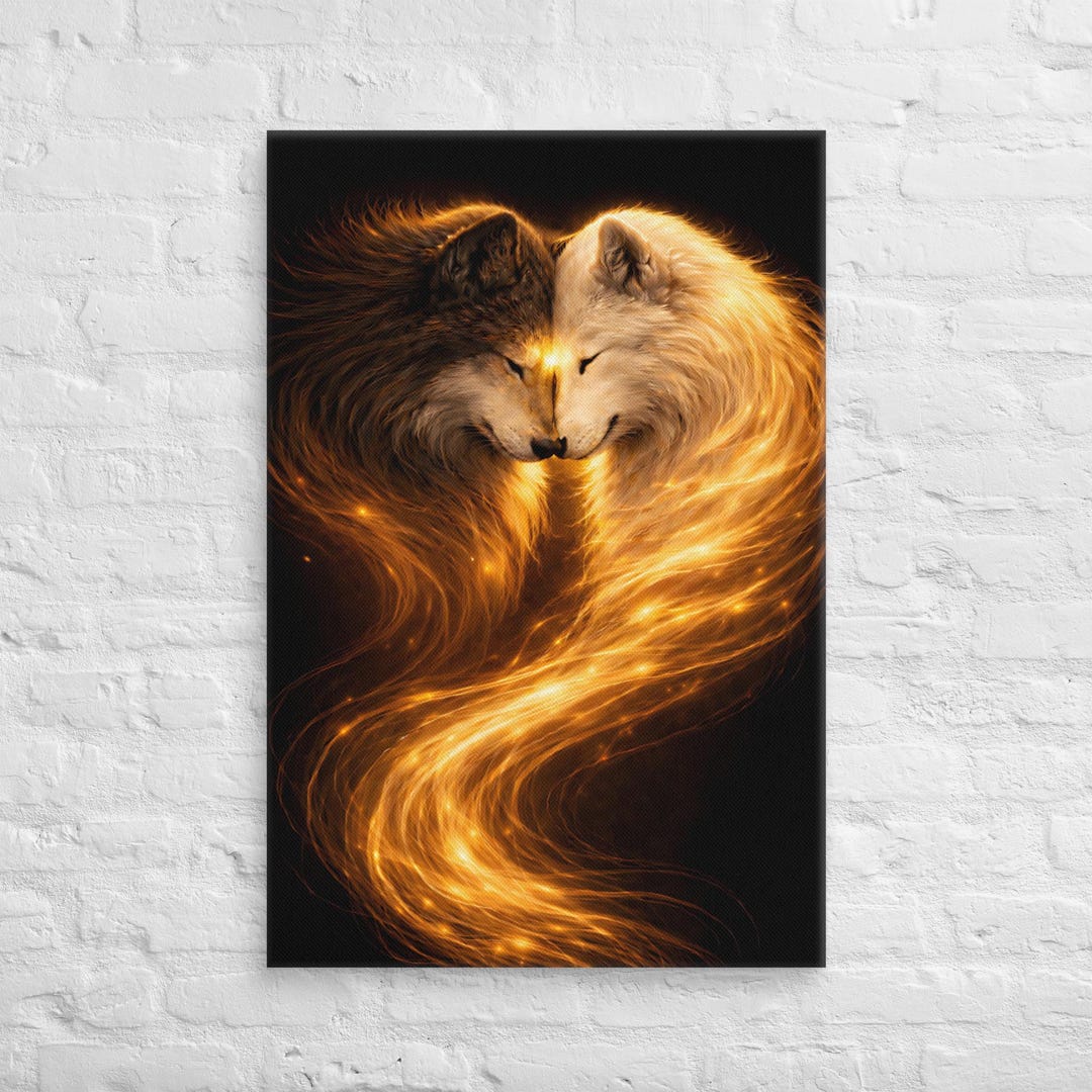 Golden Wolf Pair on Black and Gold Canvas: A Symbol of Love, Strength ...