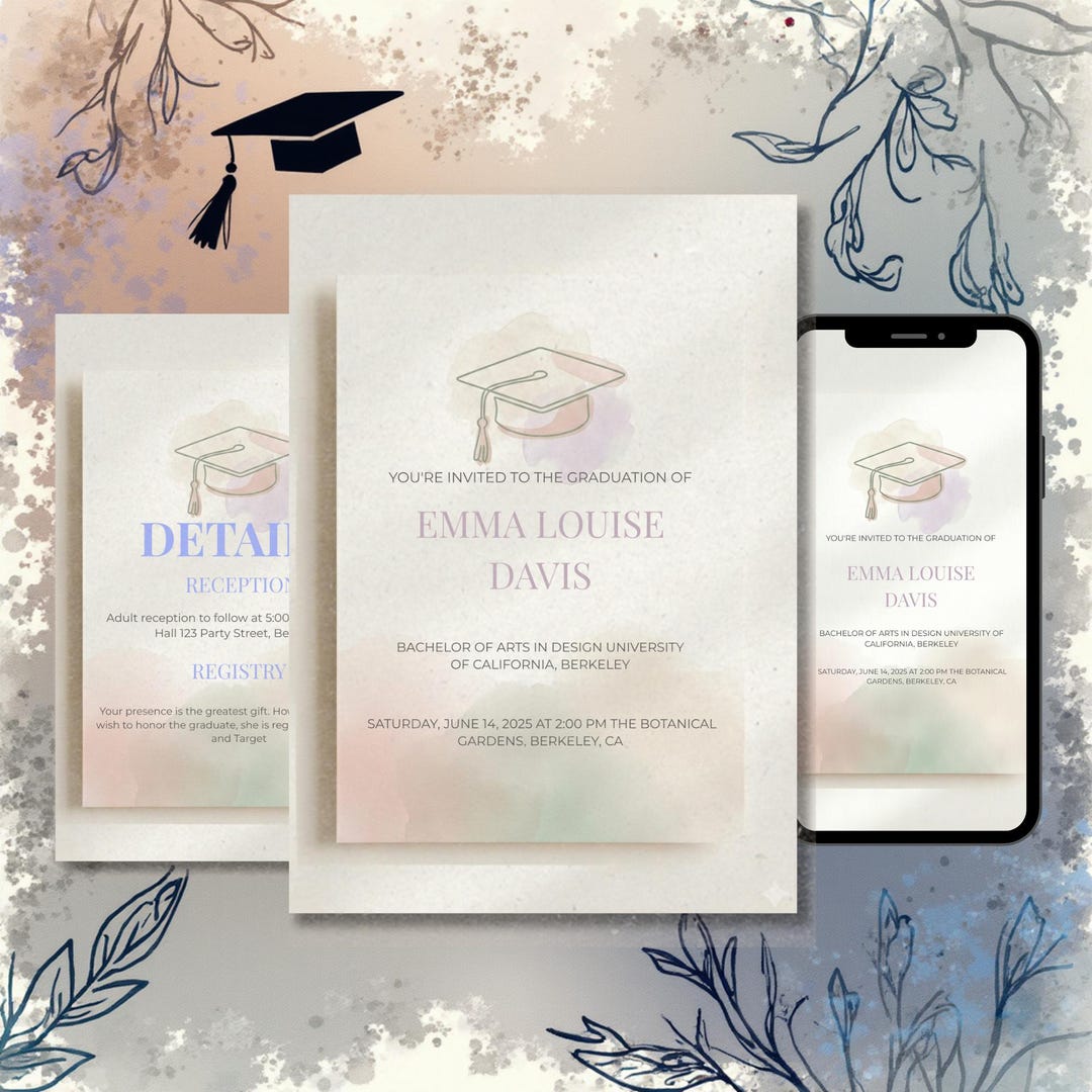 Elegant Garden Grad Invitation Suite | 5-piece Canva Template | Digital ...