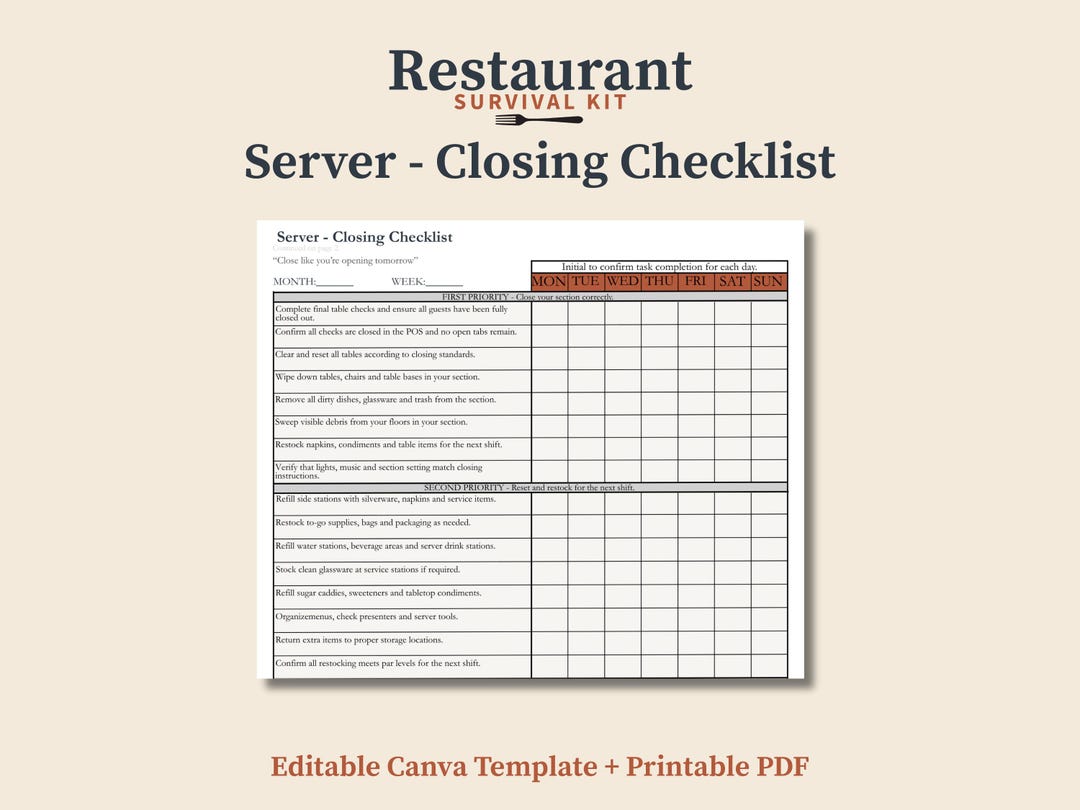 Server Closing Checklist With 50 Task Boxes - Etsy