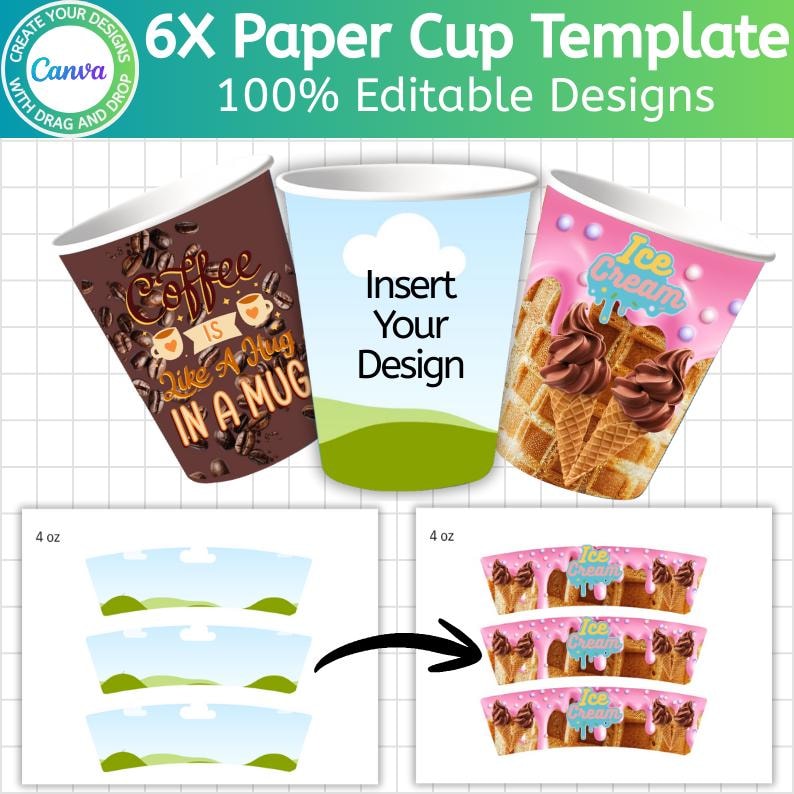 Paper Cup Template Bundle, Canva Editable Paper Cup Label, 4oz, 8oz ...
