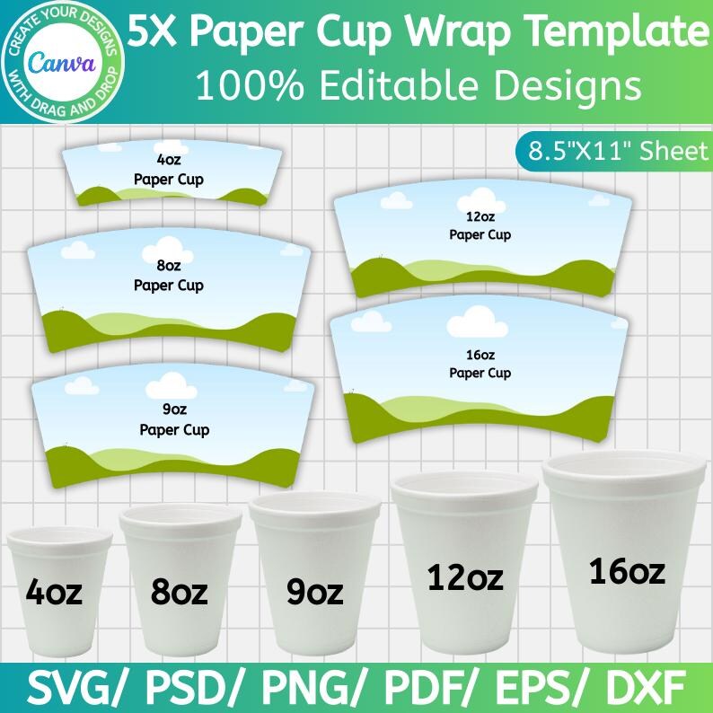 Paper Cup Wrap Canva Template, Editable Frame Template, 4oz, 8oz, 9oz ...