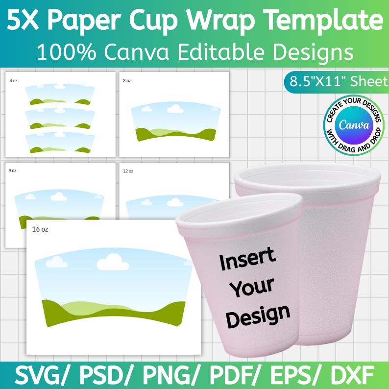 Paper Cup Wrap Canva Template, Editable Frame Template, 4oz, 8oz, 9oz ...