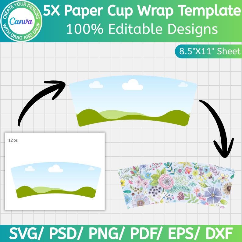 Paper Cup Wrap Canva Template, Editable Frame Template, 4oz, 8oz, 9oz ...