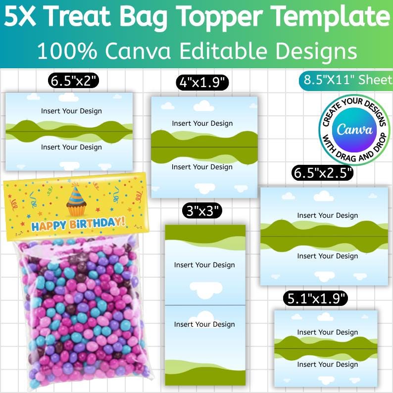 Treat Bag Topper Template Bundle, Canva Editable Treat Bag Label, 5 ...