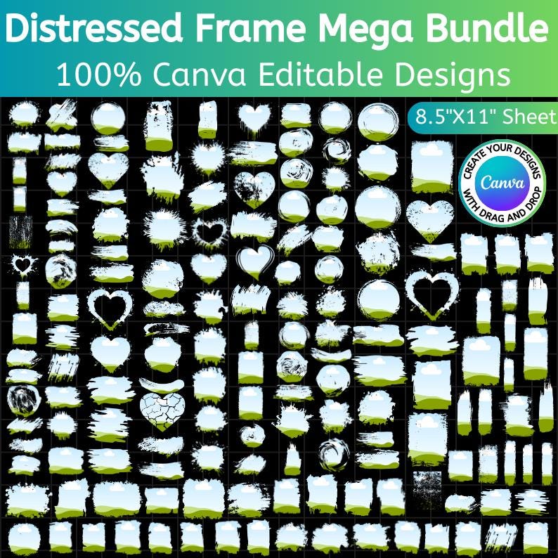 Distressed Grunge Canva Frames Bundle, Editable Distressed Photo Frames ...