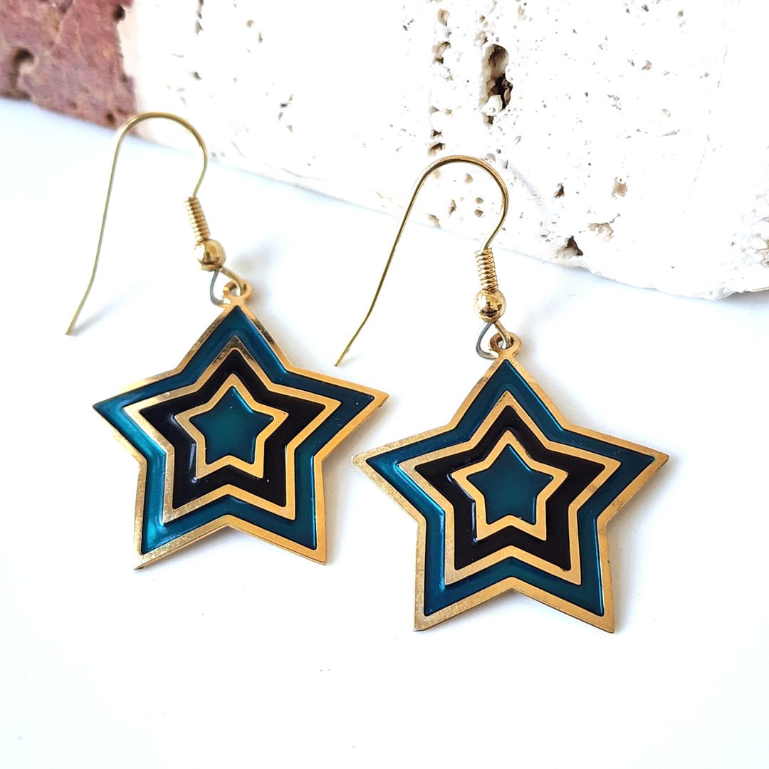 Vintage Retro 1970s Star Shaped Metal Earrings, Blue Black & Gold ...