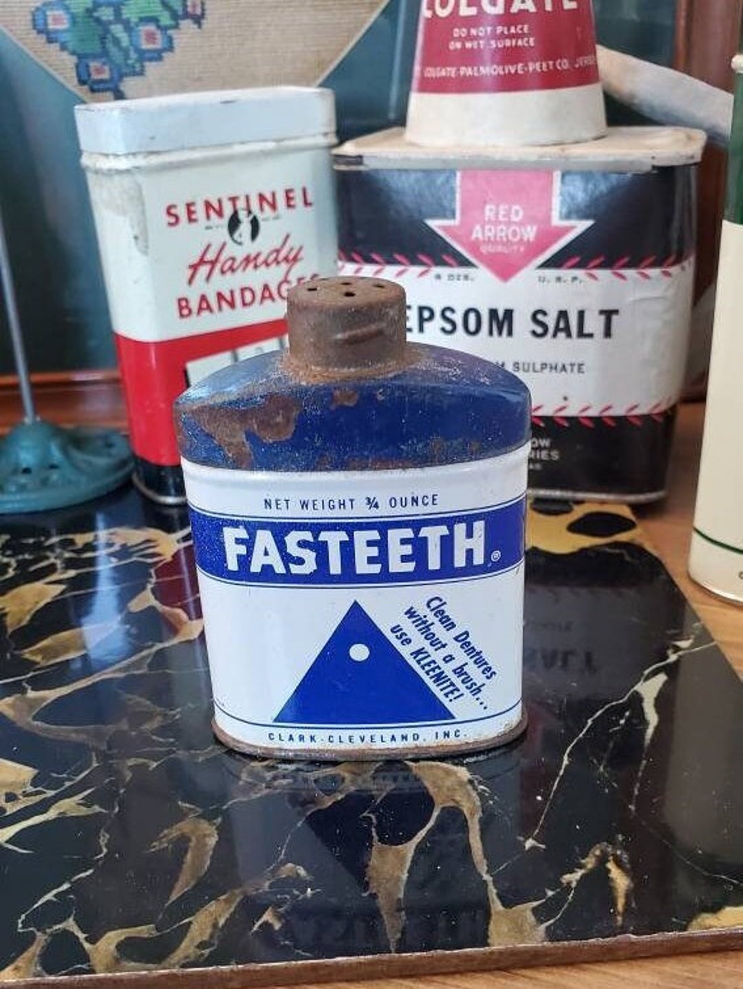 Fasteeth Tin Can, Denture Cleaner Tin Container, Vintage Advertising ...