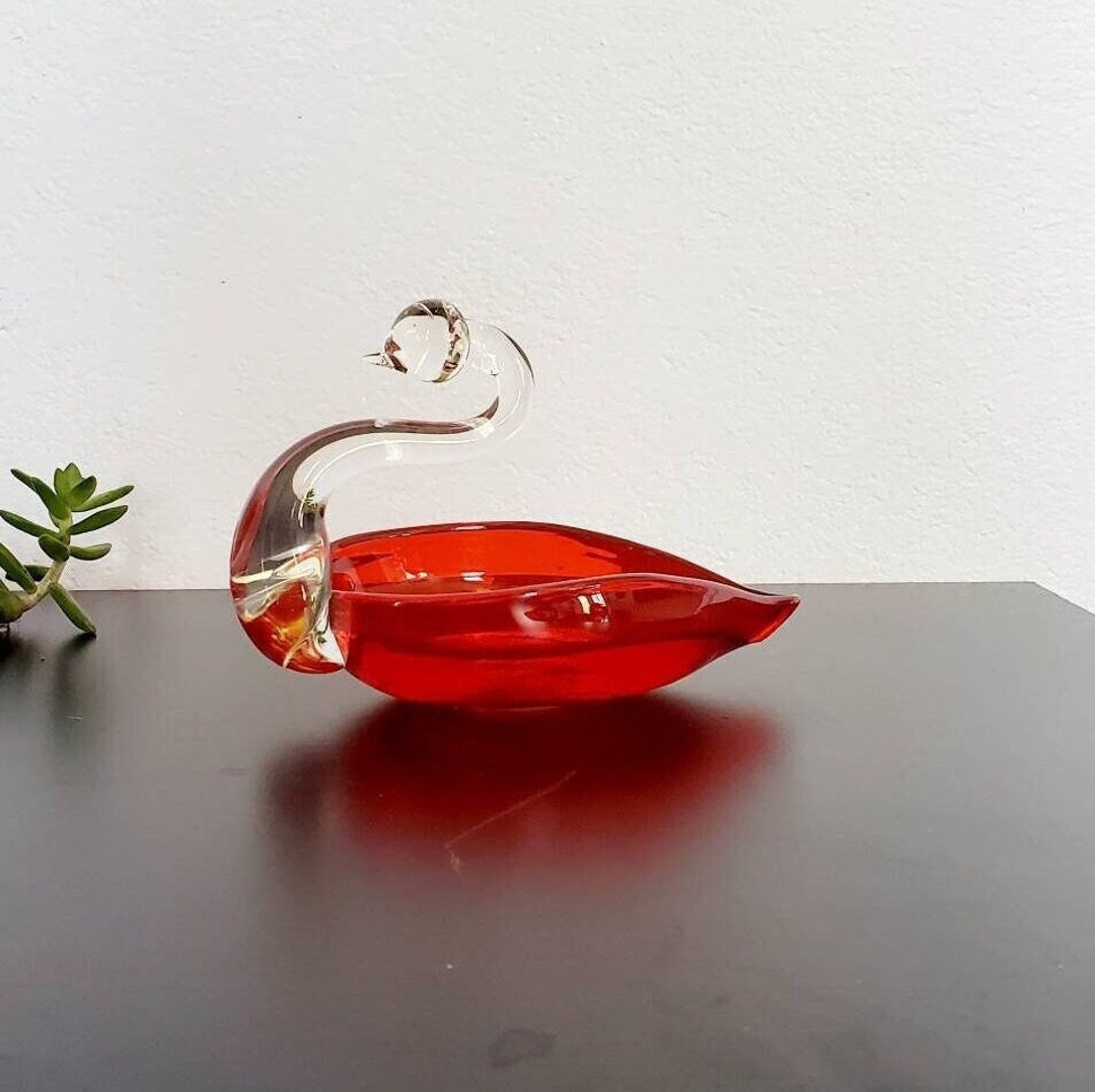 Vintage Blown Glass Swan Dish, Viking Glass Amberina Dish, Red & Orange ...