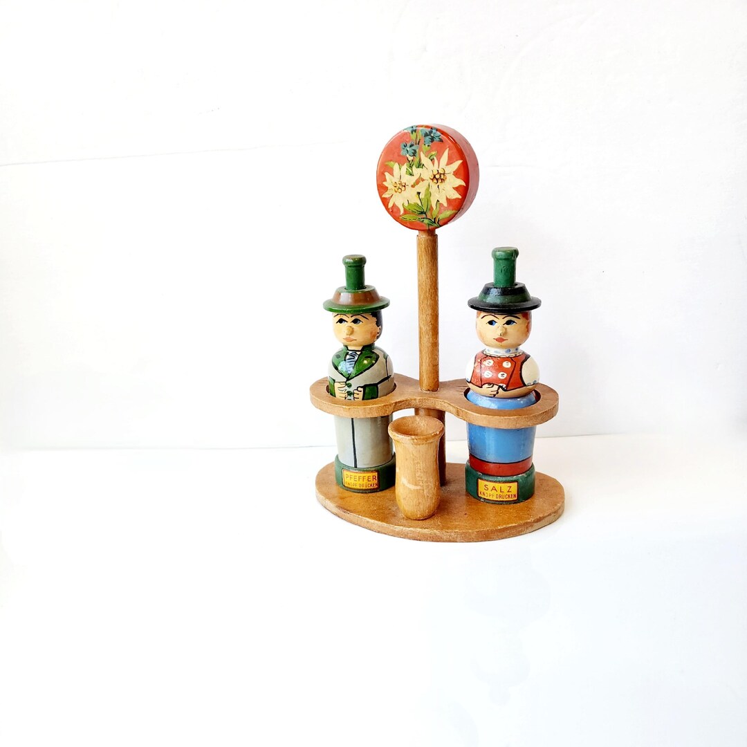 Vintage Old German Wood Salz Pfeffer Shaker W/ Wood Carrier, Beautiful ...