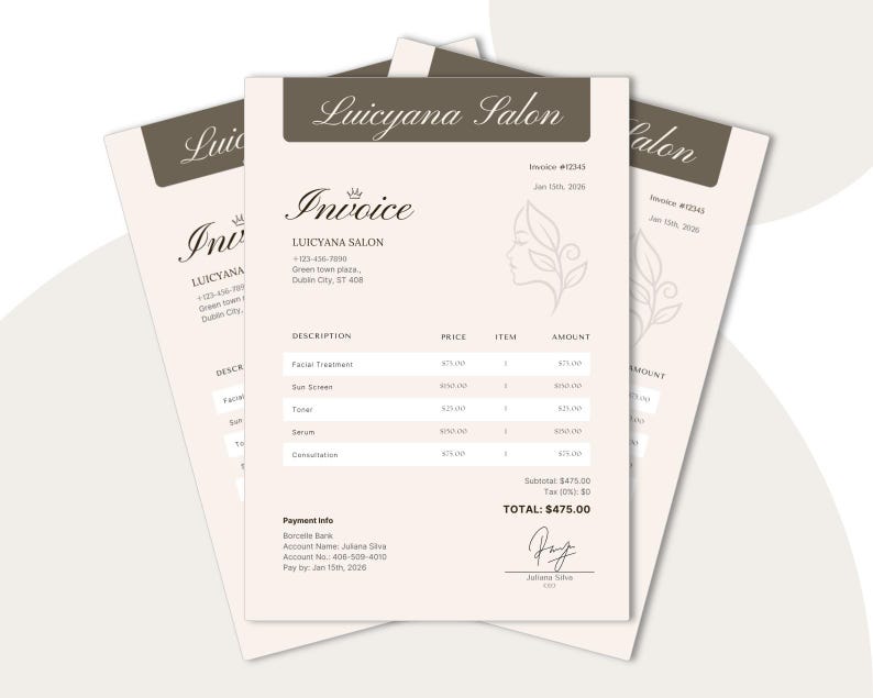 Editable Beauty Salon Invoice Template | Spa Esthetician Billing Form ...
