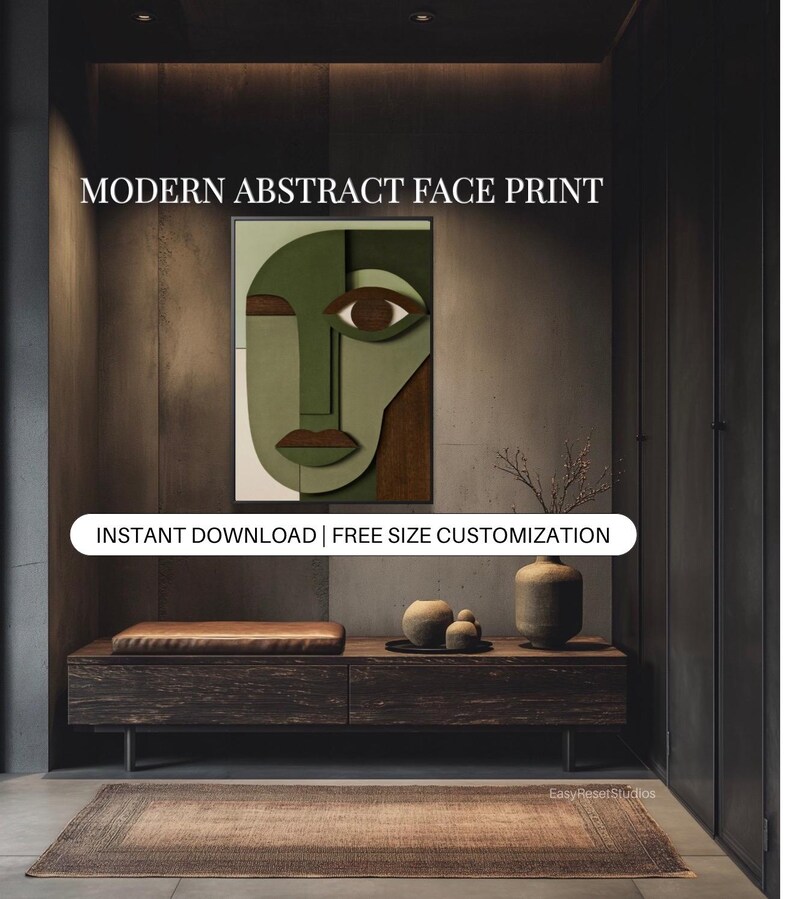 Modern Abstract Face Print, Minimalist Wall Art, Green Neutral Decor ...
