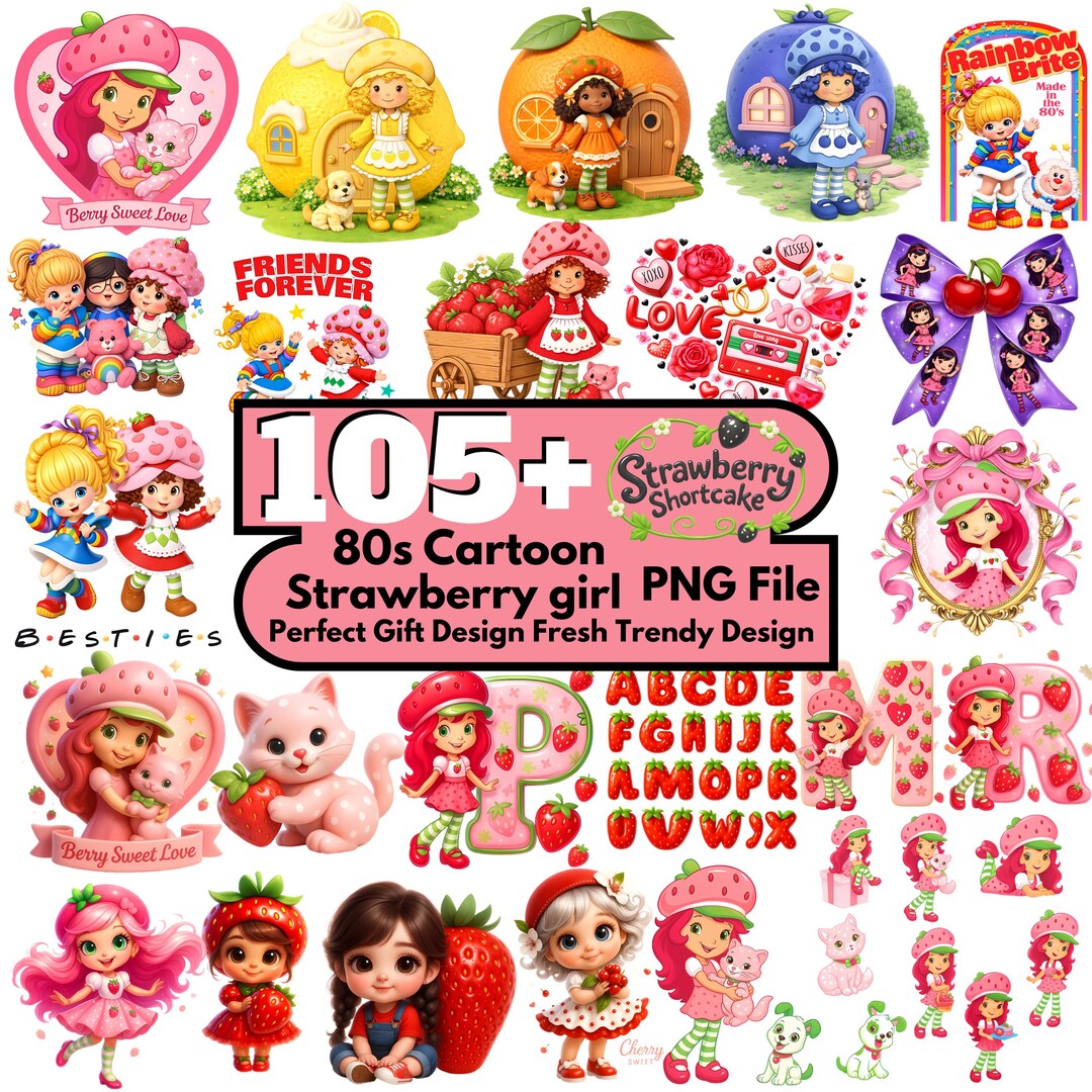 105+ Retro Straw-bery Sh0rt-cake PNG Bundle | 90s Cartoon Girl Clipart ...