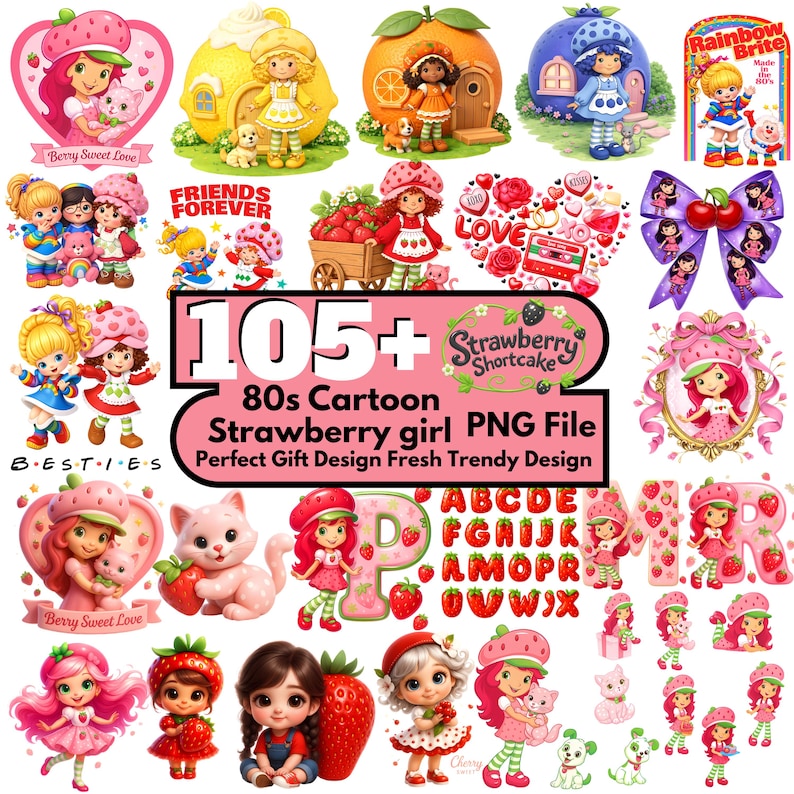105+ Retro Straw-bery Sh0rt-cake PNG SVG Bundle | 90s Cartoon Girl ...