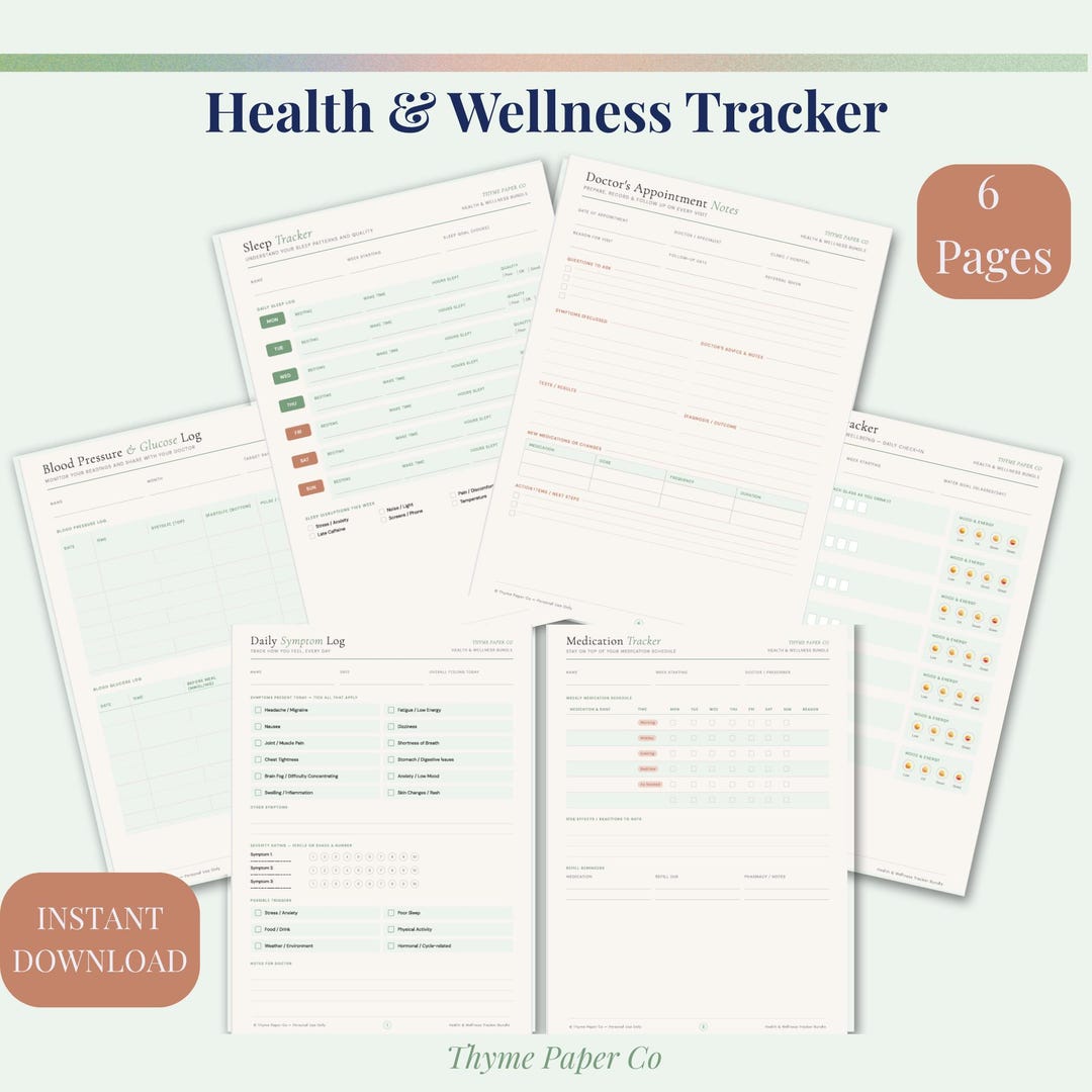 Health & Wellness Tracker Printable Bundle | Symptom Log, Medication ...