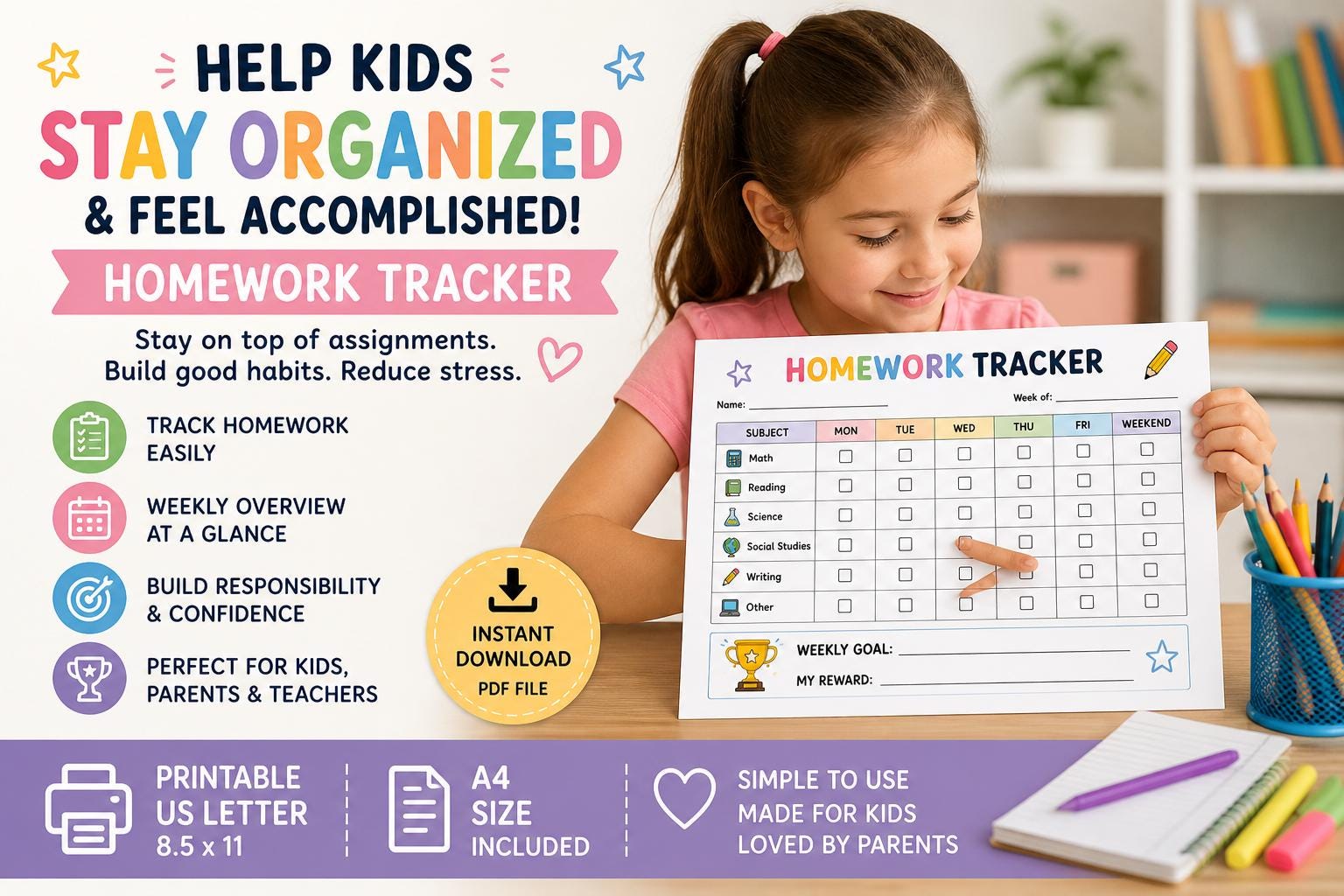 Kids Homework Tracker Printable | Weekly Assignment Log (instant ...