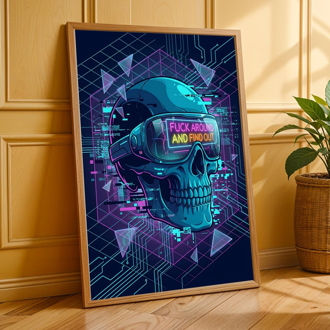 Cybernetic Skull Art Print – Retrowave Gamer Room Decor (digital ...