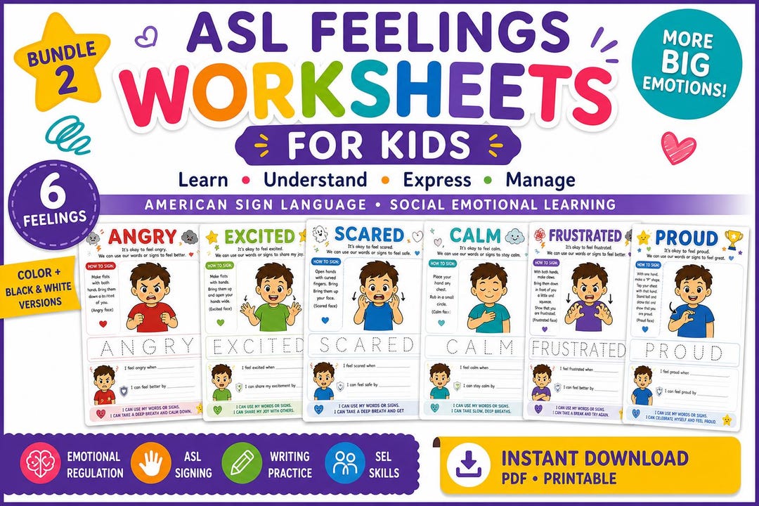 ASL Emotions Worksheets | SEL Feelings Printable for Kids | Sign ...