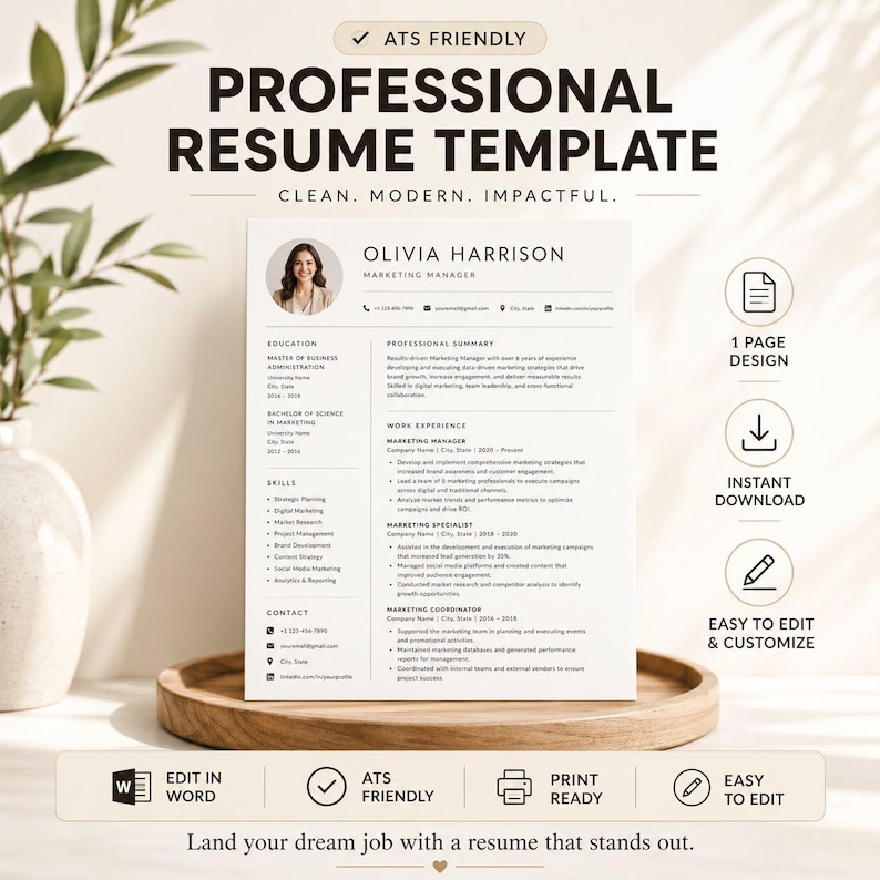 ATS Friendly Resume Template | Cover Letter Template | CV Template Word ...