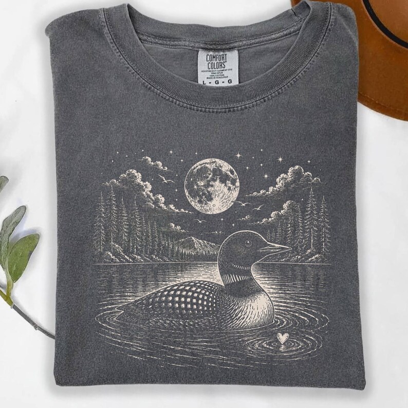 Vintage Loon Bird Shirt Moon Lake Scene Graphic Tee, Comfort Colors ...