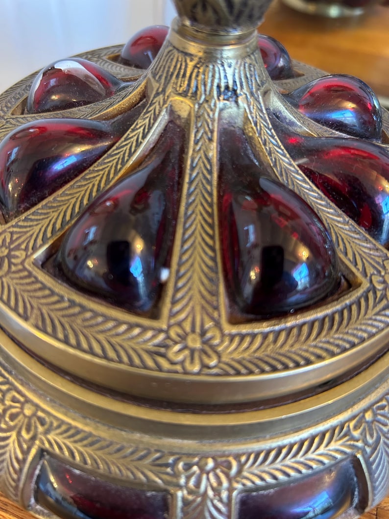 Vintage Ruby Red Bubble Glass Apothecary Jar, Brass Lid, Made in India ...