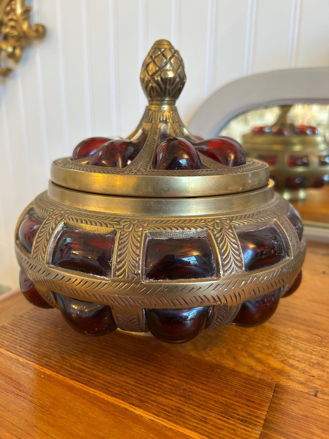 Vintage Ruby Red Bubble Glass Apothecary Jar, Brass Lid, Made in India ...