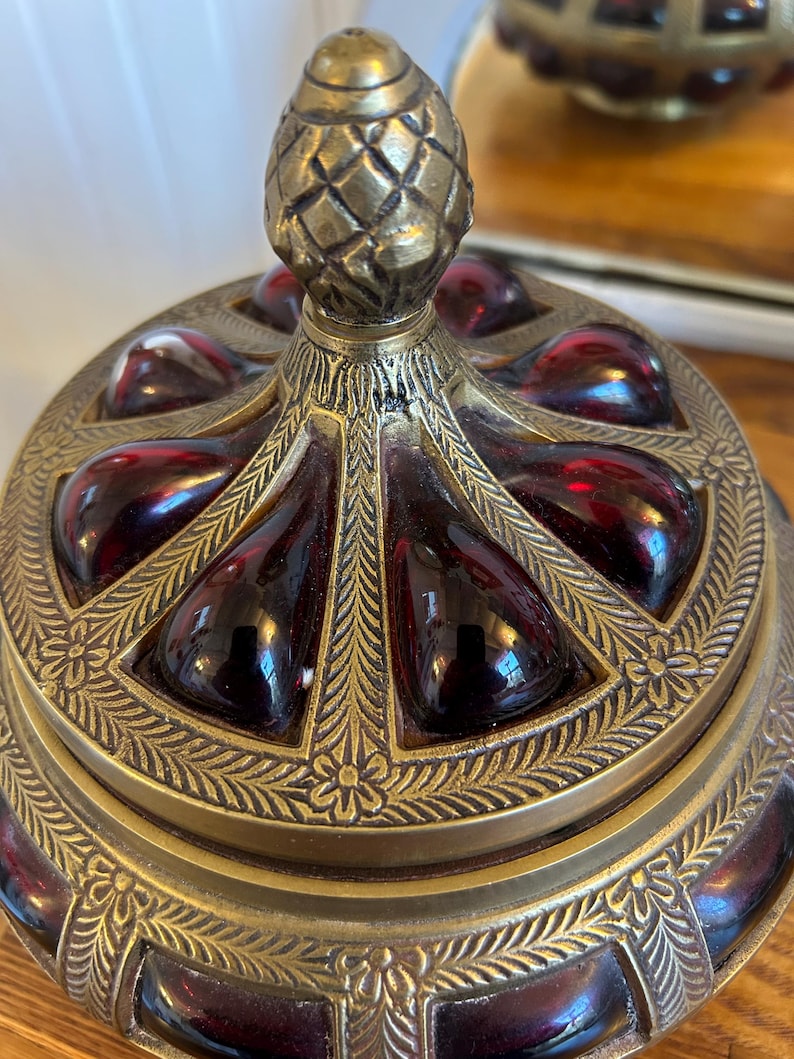 Vintage Ruby Red Bubble Glass Apothecary Jar, Brass Lid, Made in India ...