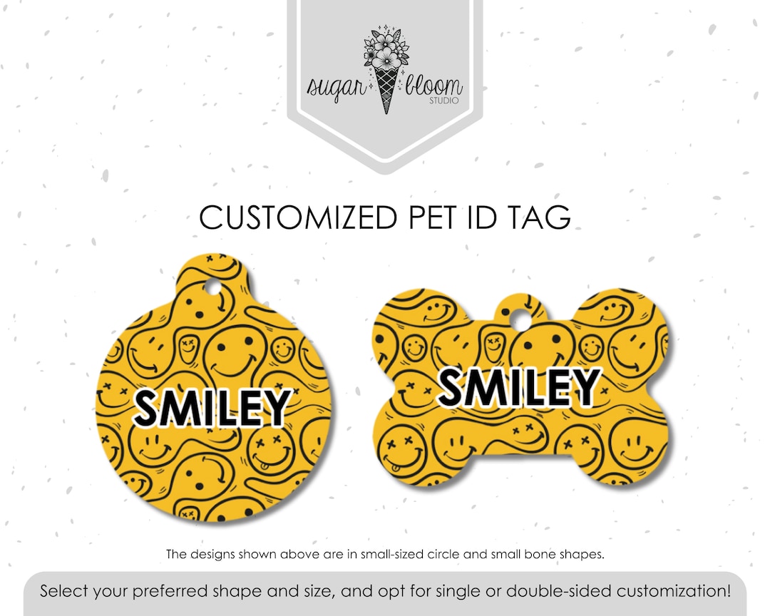 90's Yellow Punk Smiley Face Graphic Personalized Dog Tag, Custom Pet ...