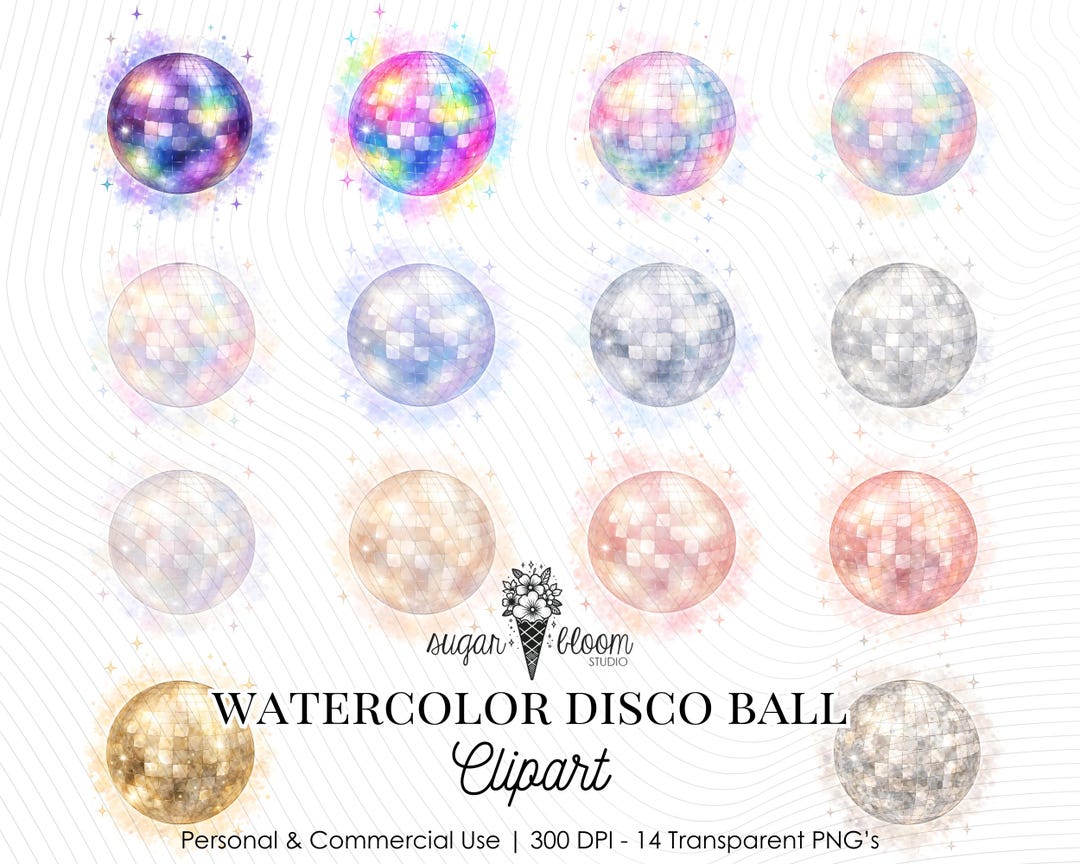 Watercolor Disco Ball Clipart Bundle, Pearl Metallic Iridescent ...