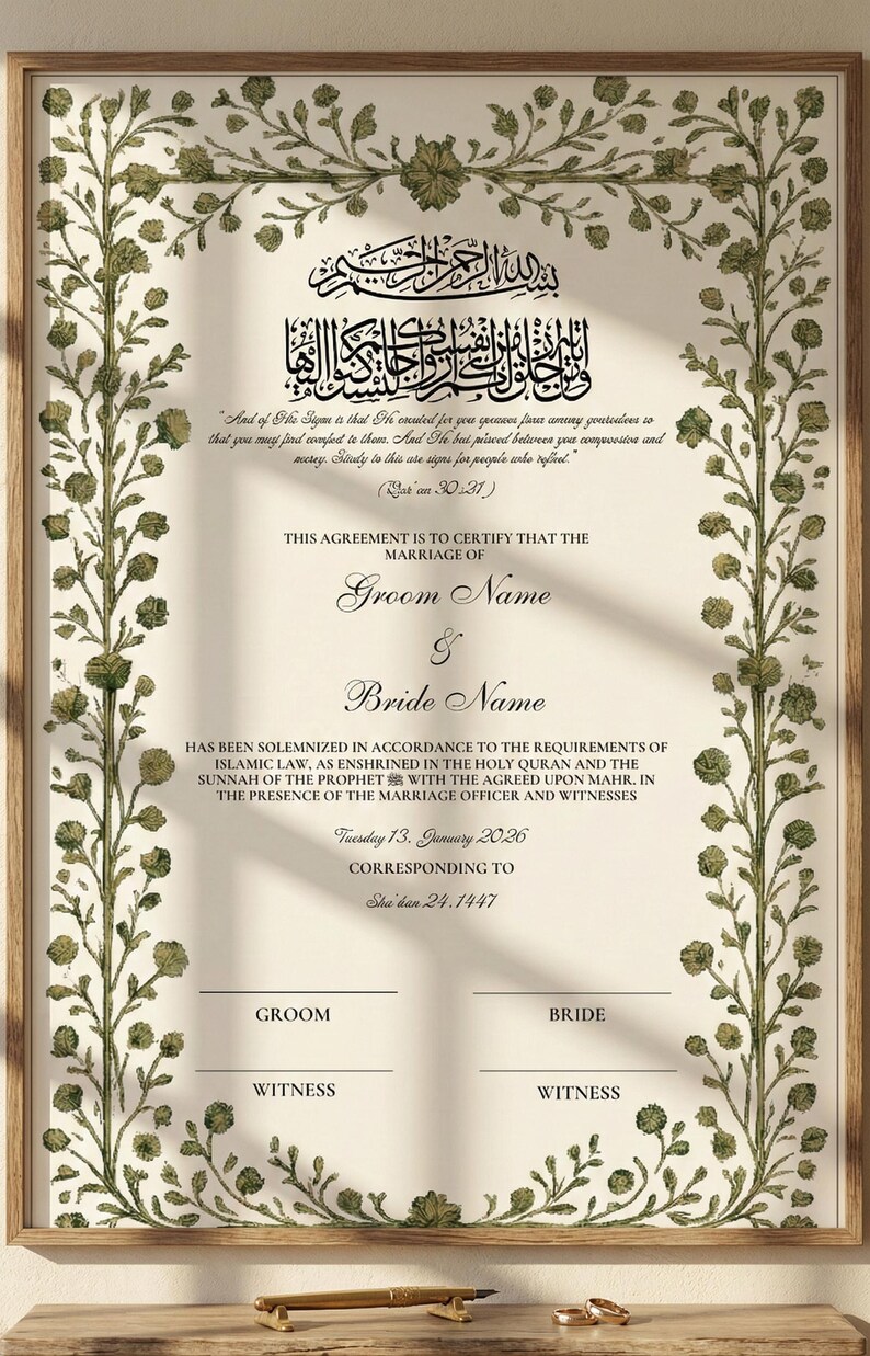Green Floral Nikkah Nama | Printable Islamic Marriage Certificate ...