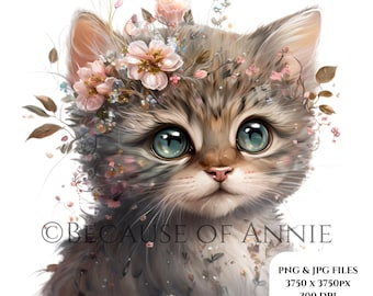 Cute Kitten Clip Art Boho Floral Cat Clipart Instant Digital - Etsy